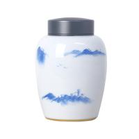 China Blue Landscape Tea Canister Ceramic Jars with Metal Lid for sale