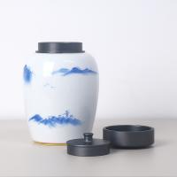 China Blue Landscape Tea Canister Ceramic Jars with Metal Lid for sale