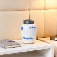 China Blue Landscape Tea Canister Ceramic Jars with Metal Lid for sale