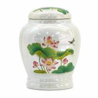 China White Ceramic Funeral Urn with Lotus Design for sale