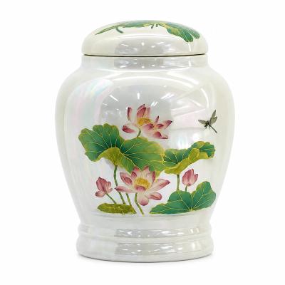China White Ceramic Funeral Urn with Lotus Design for sale