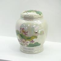 China White Ceramic Funeral Urn with Lotus Design for sale