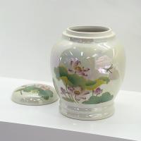 China White Ceramic Funeral Urn with Lotus Design for sale
