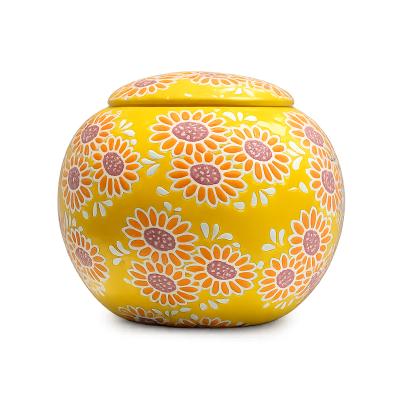 China Yellow Sunflower Ceramic Cremation Urn for Adult Ashes for sale