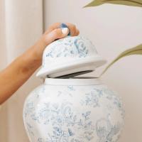 China Blue and White Ceramic Cremation Urn with Floral Design for sale