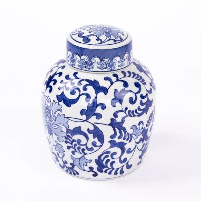 China Blue and White Ceramic Cremation Urn with Floral Pattern for sale