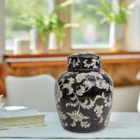 China Black Ceramic Cremation Urn with Lotus Floral Design for sale