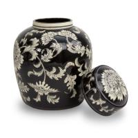 China Black Ceramic Cremation Urn with Lotus Floral Design for sale
