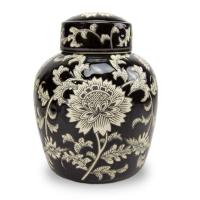China Black Ceramic Cremation Urn with Lotus Floral Design for sale