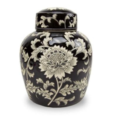 China Black Ceramic Cremation Urn with Lotus Floral Design for sale