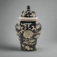 China Black Ceramic Cremation Urn with Ivory Floral Design for sale
