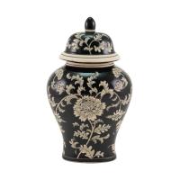 China Black Ceramic Cremation Urn with Ivory Floral Design for sale