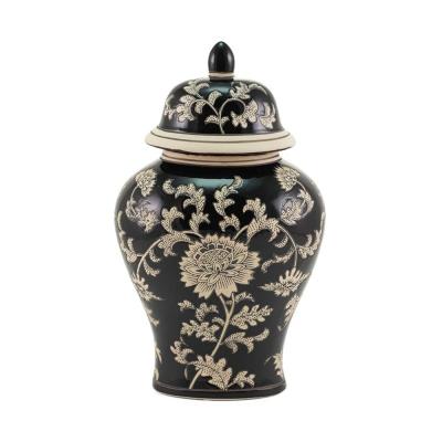 China Black Ceramic Cremation Urn with Ivory Floral Design for sale