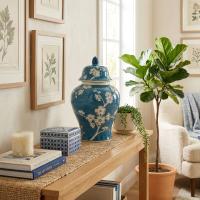 China Blue Ceramic Cremation Urn with White Blossom Design for sale