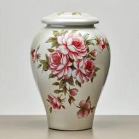 China White Ceramic Cremation Urn with Pink Rose Design for sale