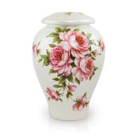 China White Ceramic Cremation Urn with Pink Rose Design for sale