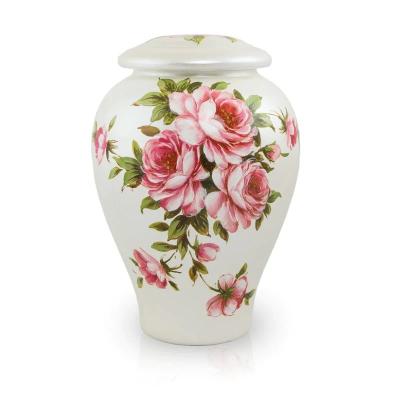China White Ceramic Cremation Urn with Pink Rose Design for sale