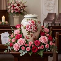 China White Ceramic Cremation Urn with Pink Rose Design for sale