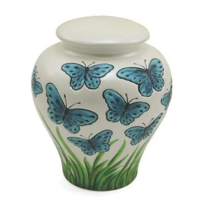 China Ivory Ceramic Cremation Urn with Blue Butterfly Design for sale