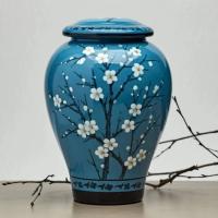 China Blue Ceramic Cremation Urn with White Blossom Design for sale