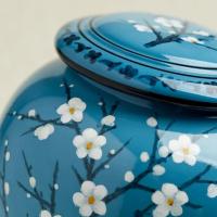 China Blue Ceramic Cremation Urn with White Blossom Design for sale