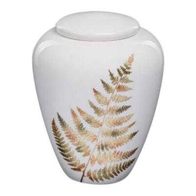 China White Ceramic Cremation Urn with Fern Leaf Design for sale