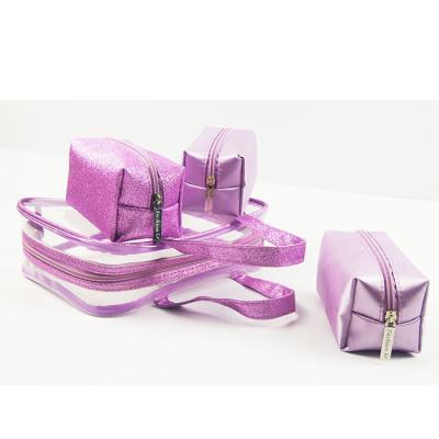 China 3 in 1 PVC Glitter Clear Cosmetic Organizer Bag Set with Handle for Women for sale