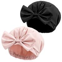 China Reusable Waterproof Shower Turban Pink Black Bowknot Extra Large 20-26 Inch Adjustable Shower Cap for sale