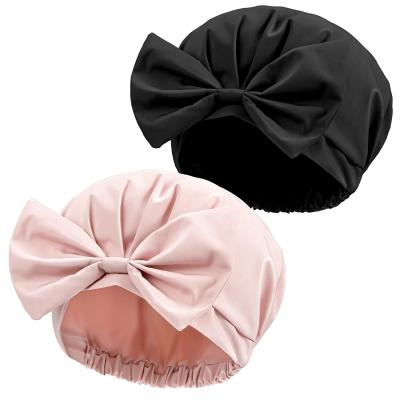 China Reusable Waterproof Shower Turban Pink Black Bowknot Extra Large 20-26 Inch Adjustable Shower Cap for sale