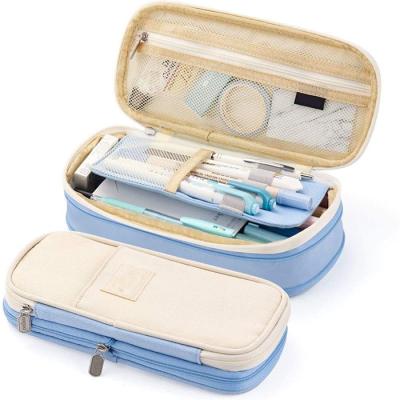 China Canvas Cotton Large Capacity Pencil Case 3 Zipper Stationery Organizer Pouch for School Office for sale