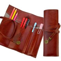 China Vintage Style Rollup Pencil Case PU Leather Makeup Bag Custom Size 7.5 Inch for sale