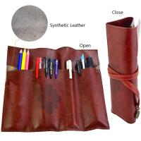 China Vintage Style Rollup Pencil Case PU Leather Makeup Bag Custom Size 7.5 Inch for sale