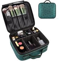 China PU Leather Travel Makeup Case Professional Cosmetic Train Case with Compartments Waterproof Detachable Vanity Organizer 500pcs MOQ for sale