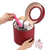 China OEM PU Leather Cosmetic Makeup Bag with Mirror Travel Organizer Bucket Bag 500pcs MOQ for sale
