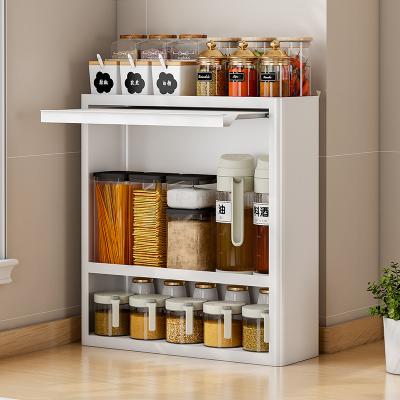 China Sliding Door Modern Kitchen Spice Cupboard Rack Countertop 4 Tier Seasoning Jars Organizer Boxs Holder Storage Bottles Shelf for sale