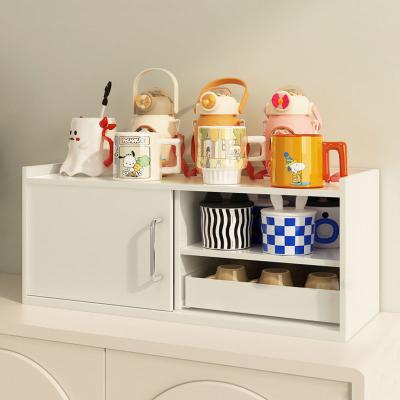 China 3 Layer Livingroom Countertop Storage Cabinet with Dustproof Sliding Door Mug Kitchen Spice Organizer Rack Coffee Capsule Drawer for sale