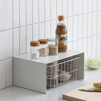 China Stackable 2 Tier Tower Rack White Desktop Spice Jar Microwave Coffee Machine Stand Bowl Plate Cup Divider with Metal Mesh Basket for sale