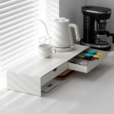 China Metal Living Room Mesa 2 Tier Coffee Pod Storage Box with Drawer Tea Bag Organizer Holder Pull Coffee Machine Rack Monitor Stand for sale
