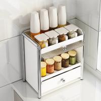 China Pull-out 3 Tier Cosmetic Storage Box with Dust-proof Cabinet Door Kitchen Spice Jar Rack Coffee Capsule Drawer Desktop Organizer for sale