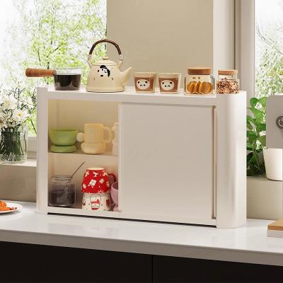 China 2025 3-Layer Metal Desktop Mug Storage Rack Dustproof Sliding Door Spice Cabinet for Living Room Kitchen Coffee Cup Display for sale