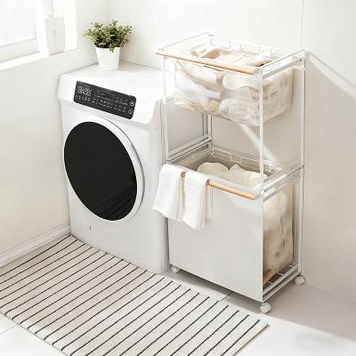 China Bathroom Metal With Wheels Dirty Laundry Storage Rack Wooden Handle Towel Trolley Basket Stackable Mobile Clothes Organize Cart for sale