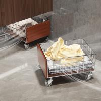 China Bathroom Dirty Laundry Basket Rack With Metal Clothes Storage Trolley Cart Home With Wheel Wooden Board Mobile Towel Organizer for sale