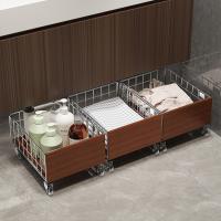 China Bathroom Dirty Laundry Basket Rack With Metal Clothes Storage Trolley Cart Home With Wheel Wooden Board Mobile Towel Organizer for sale
