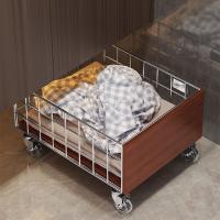 China Bathroom Dirty Laundry Basket Rack With Metal Clothes Storage Trolley Cart Home With Wheel Wooden Board Mobile Towel Organizer for sale