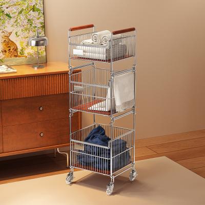China With Wheels Middle 3 Tier Bathroom Dirty Clothes Rack Wood Towel Storage Cart Metal Floor Trolley Laundry Bags Organize Baskets for sale