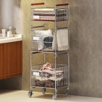 China With Wheels Middle 3 Tier Bathroom Dirty Clothes Rack Wood Towel Storage Cart Metal Floor Trolley Laundry Bags Organize Baskets for sale