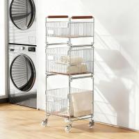 China With Wheels Middle 3 Tier Bathroom Dirty Clothes Rack Wood Towel Storage Cart Metal Floor Trolley Laundry Bags Organize Baskets for sale