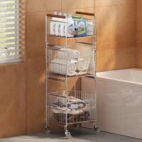 China With Wheels Middle 3 Tier Bathroom Dirty Clothes Rack Wood Towel Storage Cart Metal Floor Trolley Laundry Bags Organize Baskets for sale