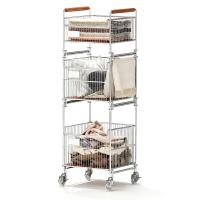 China With Wheels Middle 3 Tier Bathroom Dirty Clothes Rack Wood Towel Storage Cart Metal Floor Trolley Laundry Bags Organize Baskets for sale
