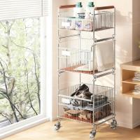 China With Wheels Middle 3 Tier Bathroom Dirty Clothes Rack Wood Towel Storage Cart Metal Floor Trolley Laundry Bags Organize Baskets for sale